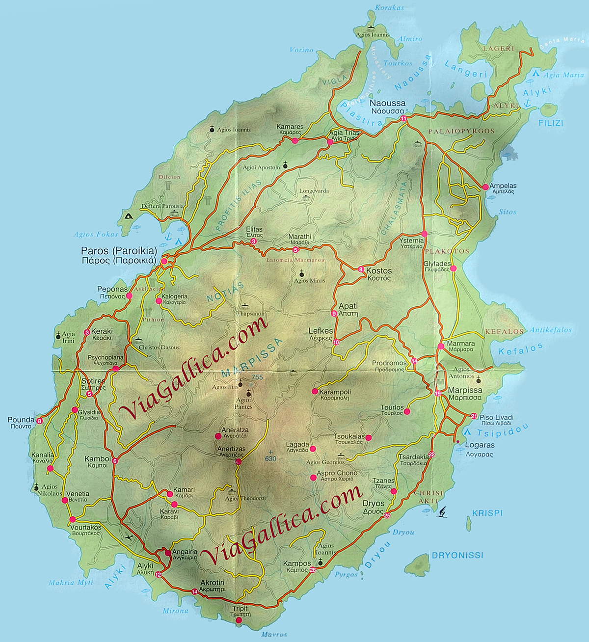 Carte interactive de l’île de Páros dans les Cyclades en mer Égée